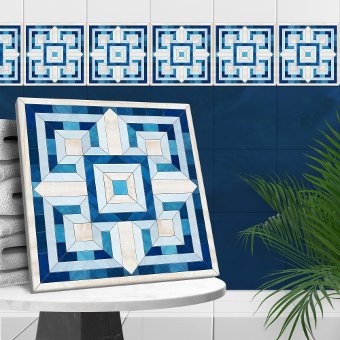 Greek Key Mosaic - Travertine and Blue Marble Ceramic Tile | Zazzle
