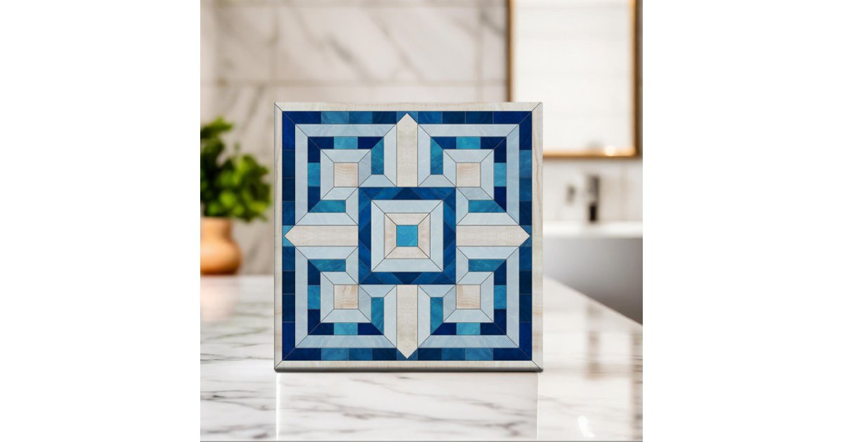 Greek Key Mosaic - Travertine and Blue Marble Ceramic Tile | Zazzle