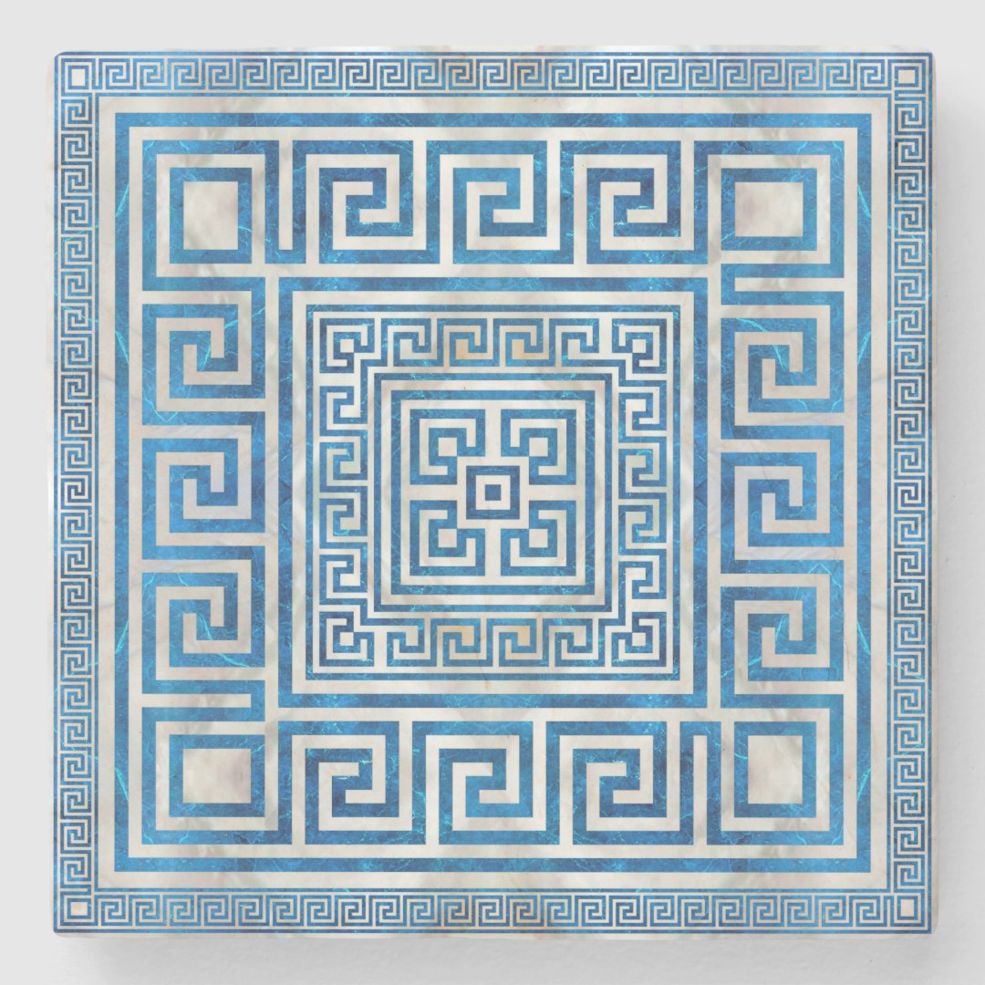 Greek Key Ornament - Greek Meander - Blue Marble Stone Coaster | Zazzle