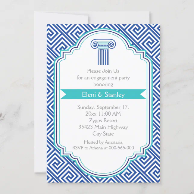 Greek key pattern & blue column engagement party invitation | Zazzle