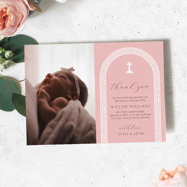 Greek Key Pink Photo Baptism Thank You Card | Zazzle