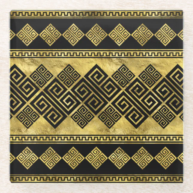 Greek Meander - Greek Key Black and gold Glass Coaster | Zazzle