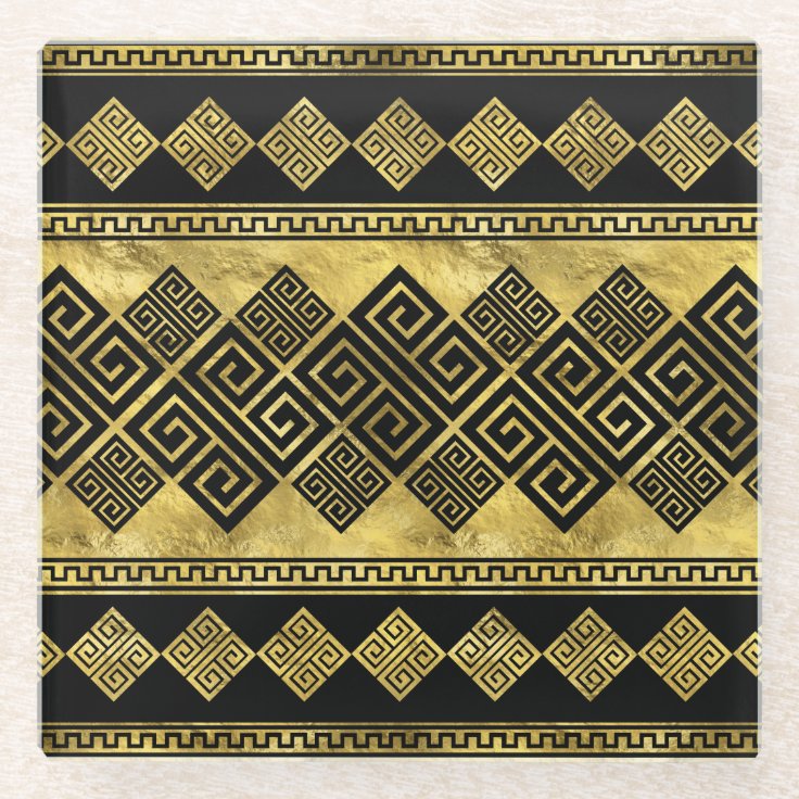 Greek Meander - Greek Key Black and gold Glass Coaster | Zazzle