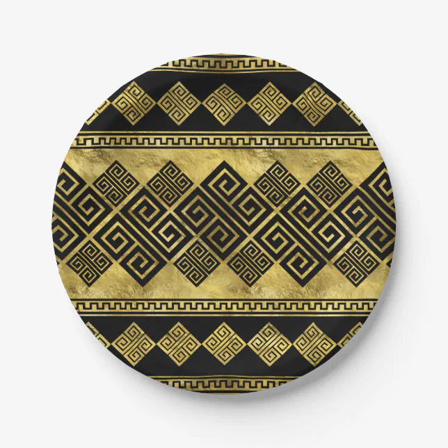 Greek Meander - Greek Key Black and gold Paper Plates | Zazzle