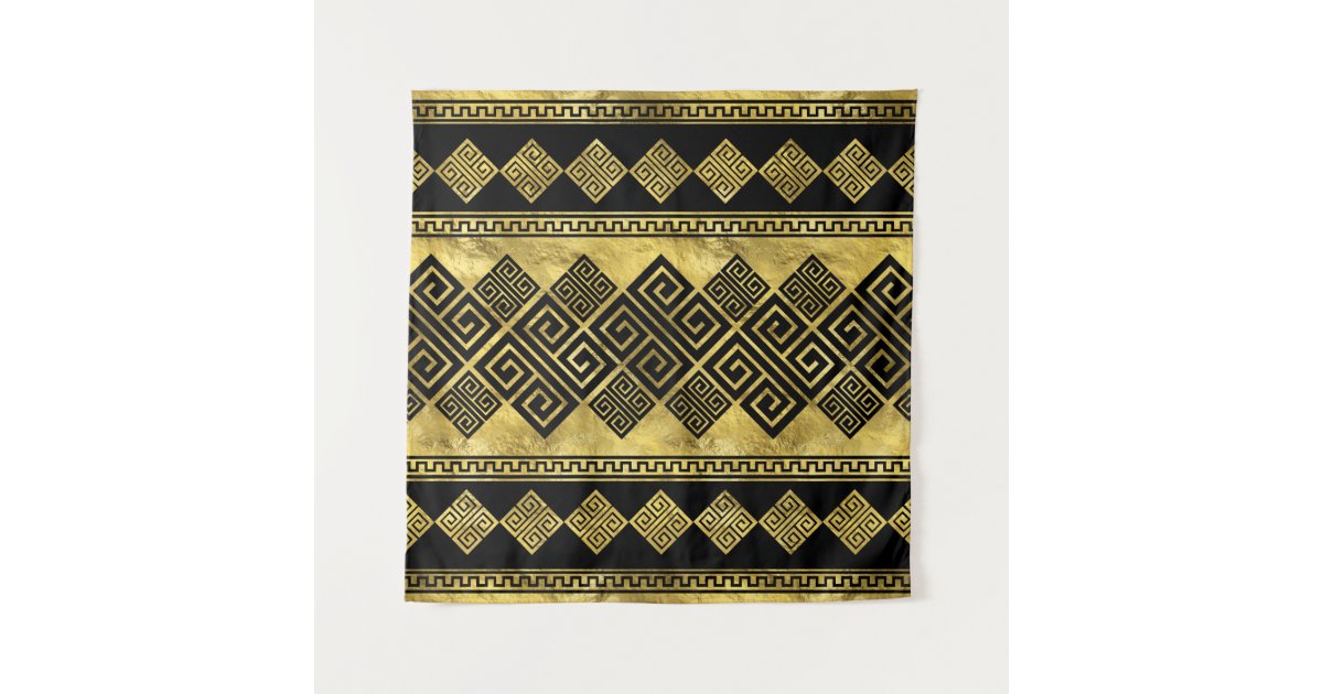 Greek Meander - Greek Key Black and gold Tapestry | Zazzle
