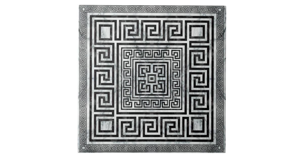 Greek Meander - Greek Key Black and White Marble Ceramic Tile | Zazzle