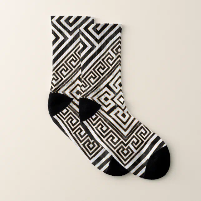Greek Meander - Greek Key Black and White Marble Socks | Zazzle