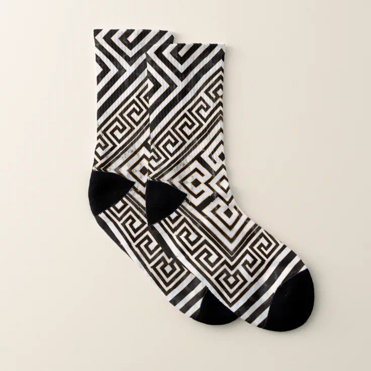 Greek Meander, Greek Key Black and White Marble Socks | Zazzle