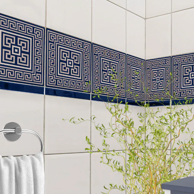 Greek Meander - Greek Key - Blue and beige Ceramic Tile | Zazzle