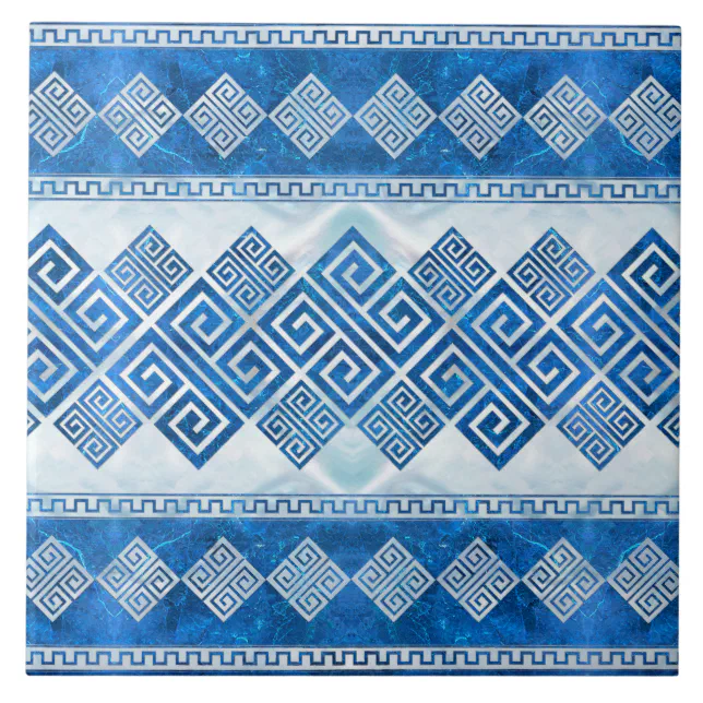 Greek Meander - Greek Key Blue gemstone and pearl Ceramic Tile | Zazzle