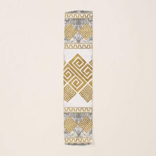 Greek Meander, Greek Key White Marble and Gold Scarf | Zazzle