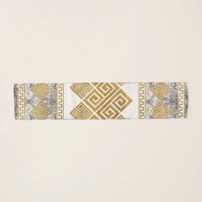 Greek Meander, Greek Key White Marble and Gold Scarf | Zazzle