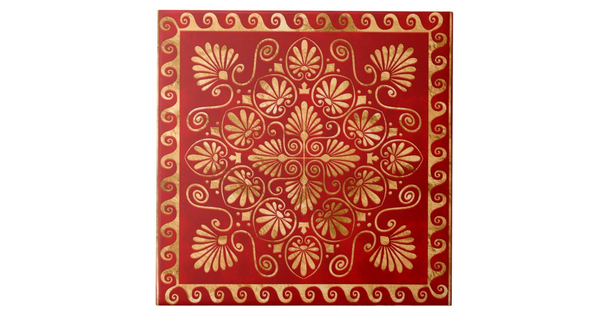 Greek Meander - Greek Ornament - Gold on Red Ceramic Tile | Zazzle