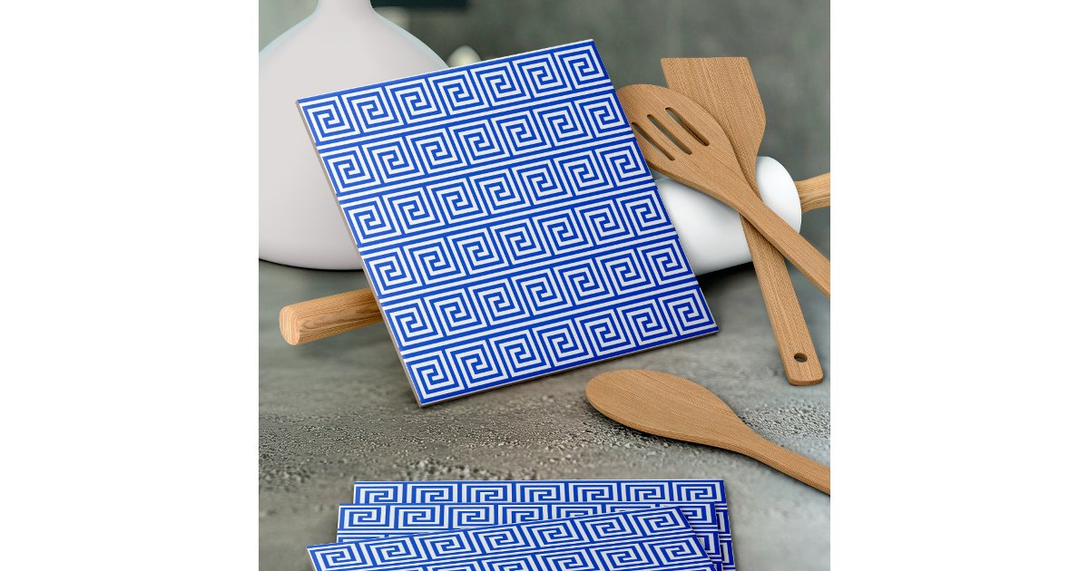 Greek Meander Key Squares Pattern Blue Ceramic Tile | Zazzle