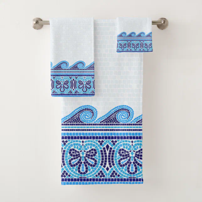 Greek Mosaic Tile Ornament - Shades of Blue Bath Towel Set | Zazzle
