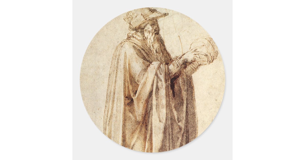 Greek Philosopher with Human Skull by Michelangelo Classic Round ...
