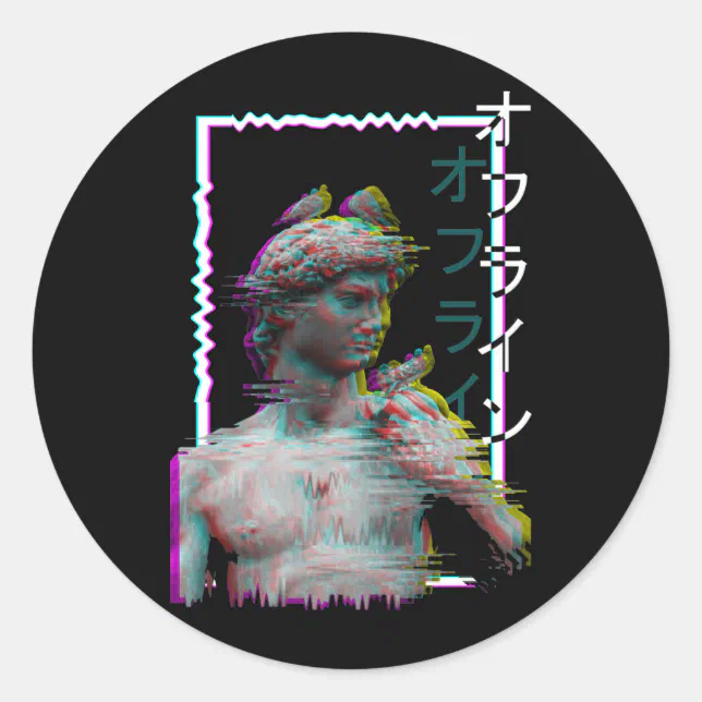 Greek Statue Ancient Vaporwave Synthwave Glitch Classic Round Sticker ...
