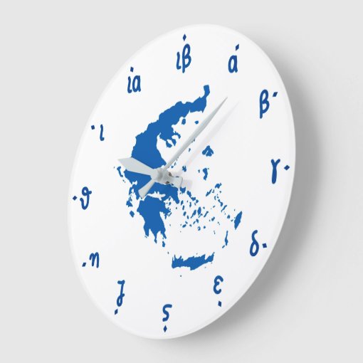 Greek Time - Greek Numerals and the map of Greece Large Clock | Zazzle