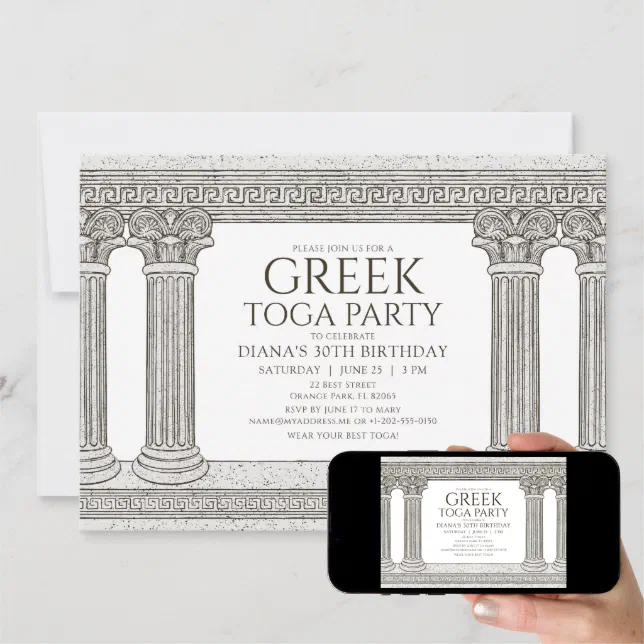 Greek Toga Birthday Party Invitation with columns | Zazzle