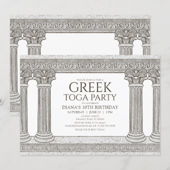 Greek Toga Birthday Party Invitation with columns | Zazzle