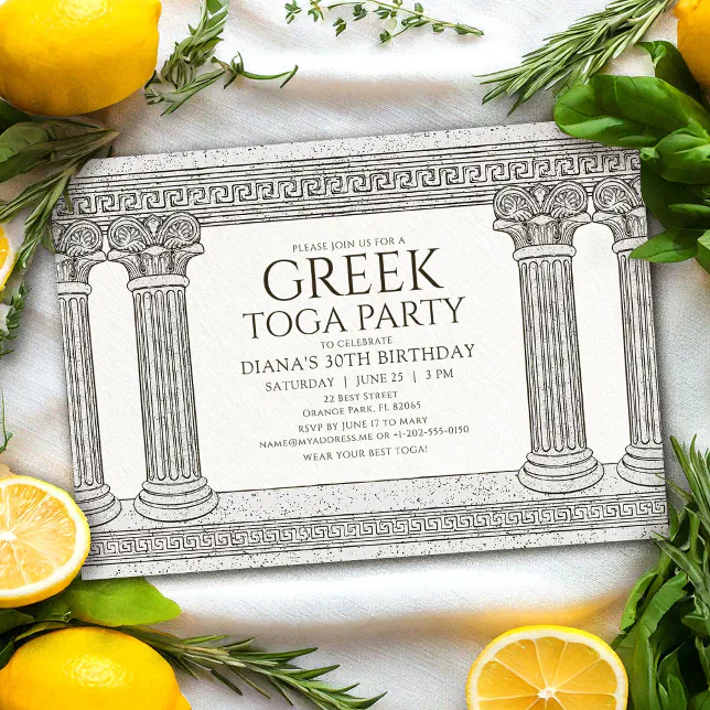 Greek Toga Birthday Party Invitation with columns | Zazzle