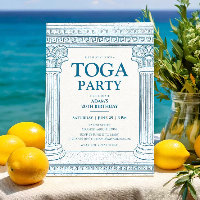 Greek Toga Party in blue with elegant columns Invitation | Zazzle