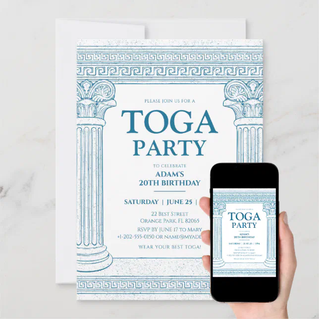 Greek Toga Party in blue with elegant columns Invitation | Zazzle