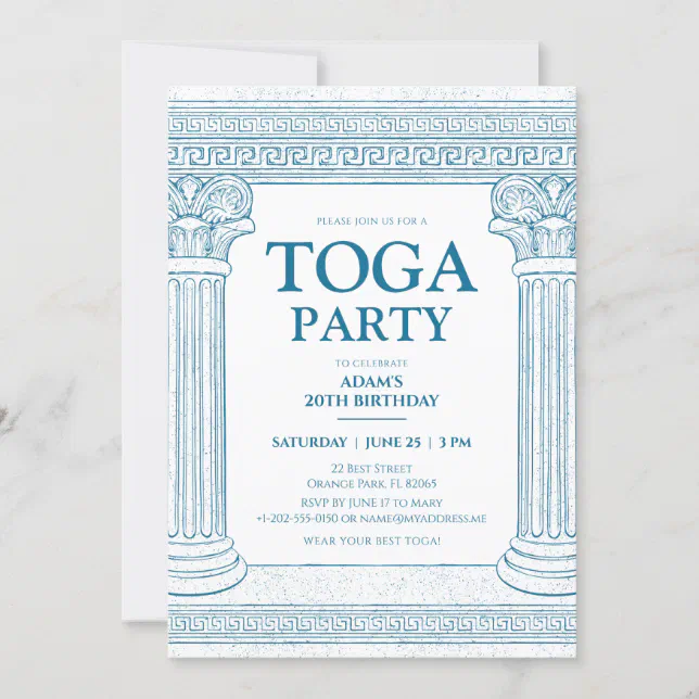 Greek Toga Party in blue with elegant columns Invitation | Zazzle