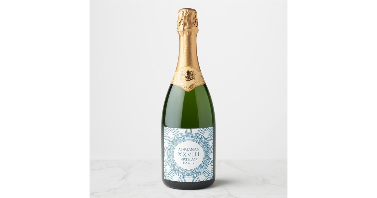 Greek toga party theme with blue pattern sparkling wine label | Zazzle