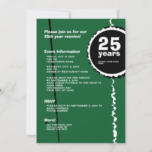 Green 25 Year Class Reunion Invitation | Zazzle