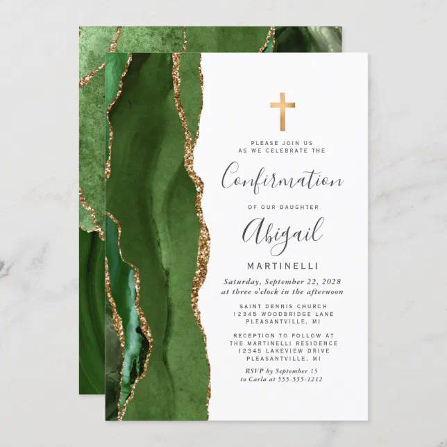 Green Agate Gold Glitter Confirmation Invitation | Zazzle