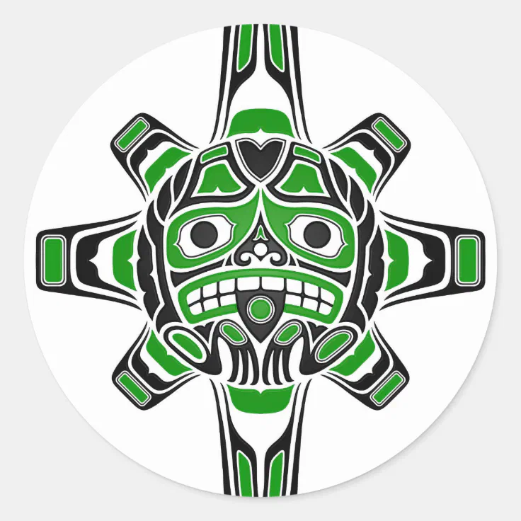 Green and Black Haida Sun Mask on White Classic Round Sticker | Zazzle