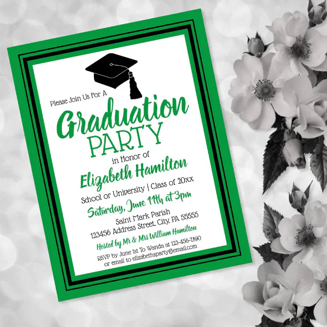 Green and Black School Colors Grad Party Invitation Postcard | Zazzle