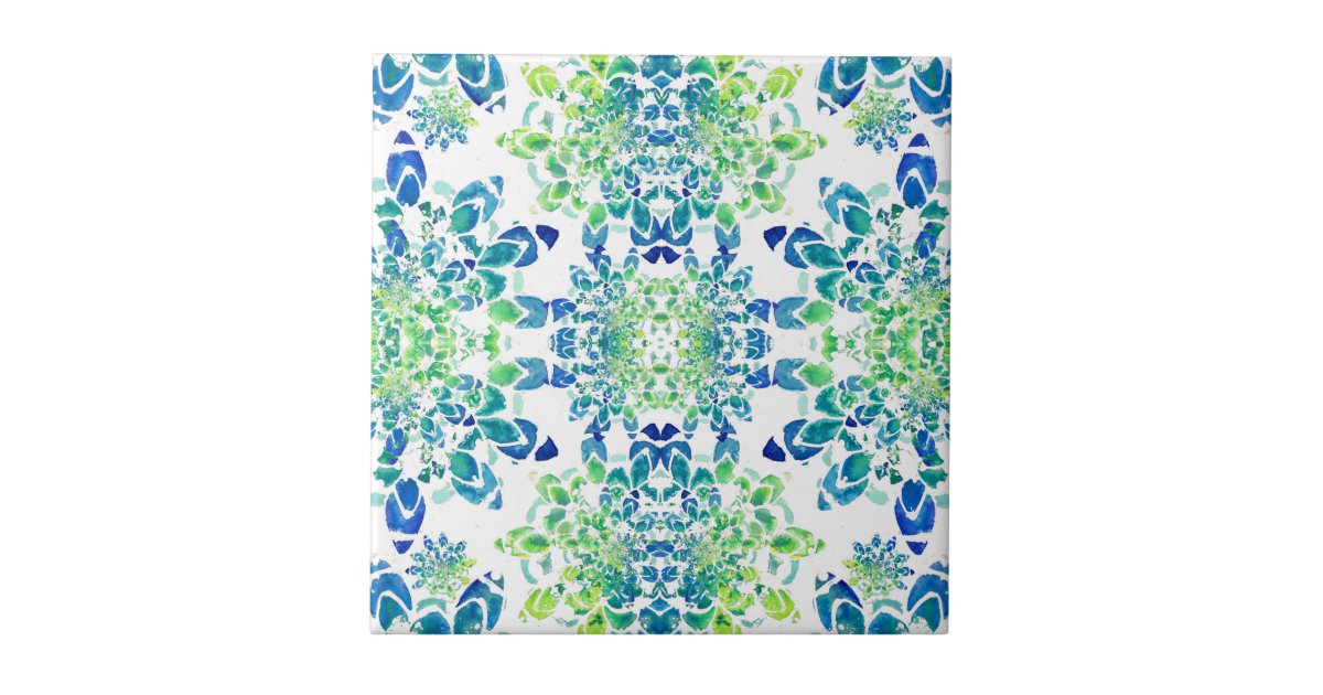 Green and Blue Abstract Mandala Pattern Ceramic Tile | Zazzle