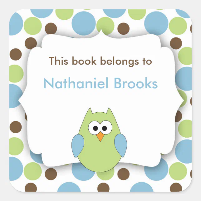 Green and Blue Owl bookplates for children | Zazzle