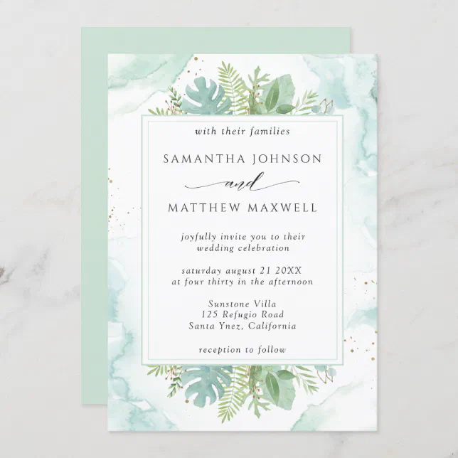 Green and Blue Watercolor with Greenery Wedding Invitation | Zazzle