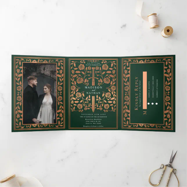 Green and Copper Royal Medieval Sword Wedding Tri-Fold Invitation | Zazzle