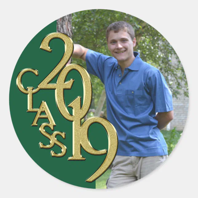 Green and Gold 2019 Graduation Class with Photo Classic Round Sticker ...