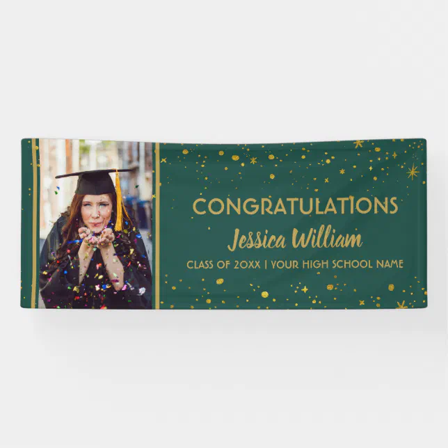 Green And Gold Confetti Graduate Photo Graduation Banner | Zazzle
