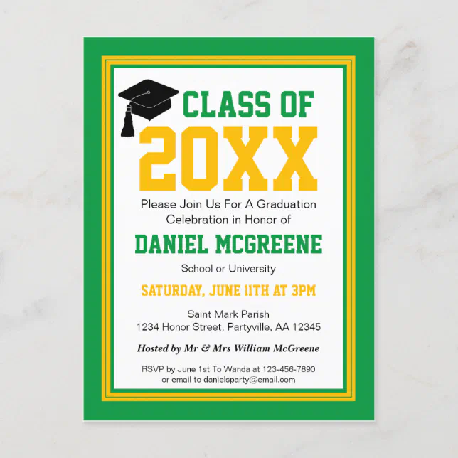 Green and Gold Graduation Party Invitation Postcard | Zazzle
