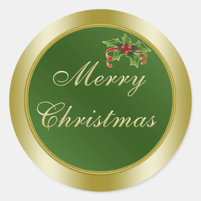Green and Gold, Holly Merry Christmas Classic Round Sticker | Zazzle