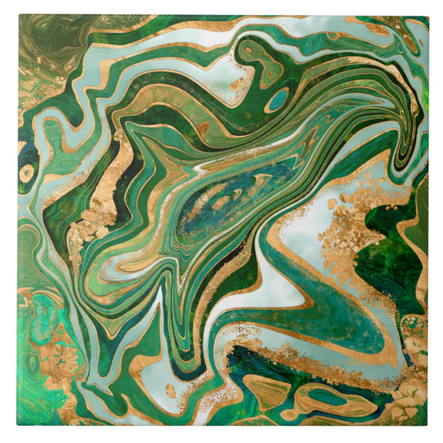 Green and gold liquid marble abstract ceramic tile | Zazzle