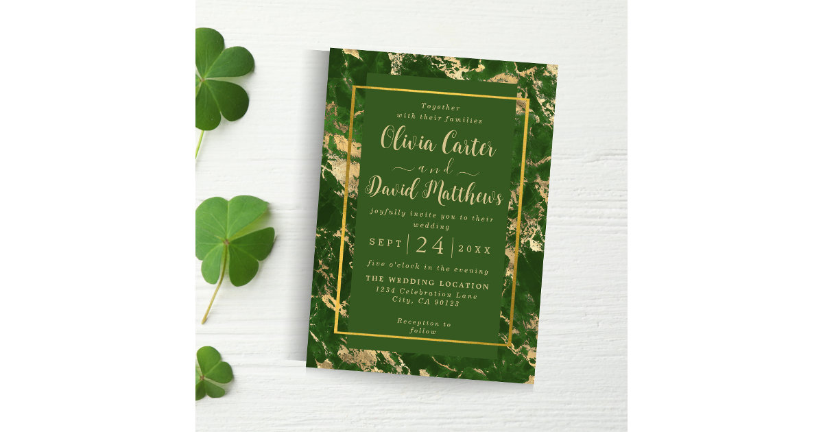 Green And Gold Marble Wedding Invitation | Zazzle