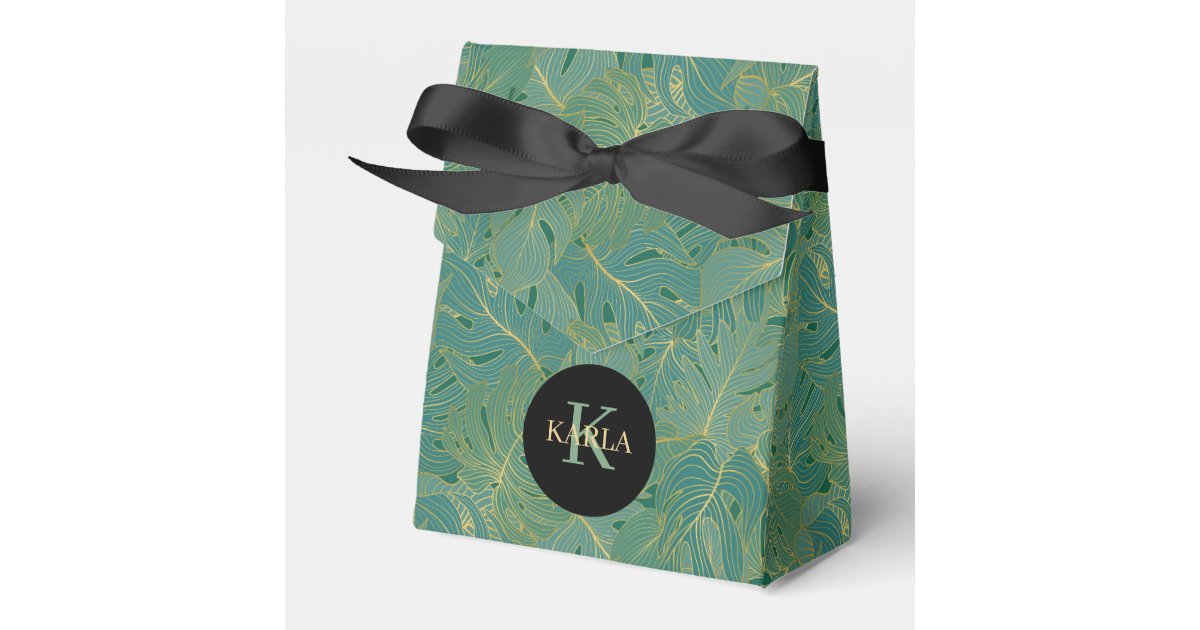 Green and gold palm leaves pattern favor boxes | Zazzle
