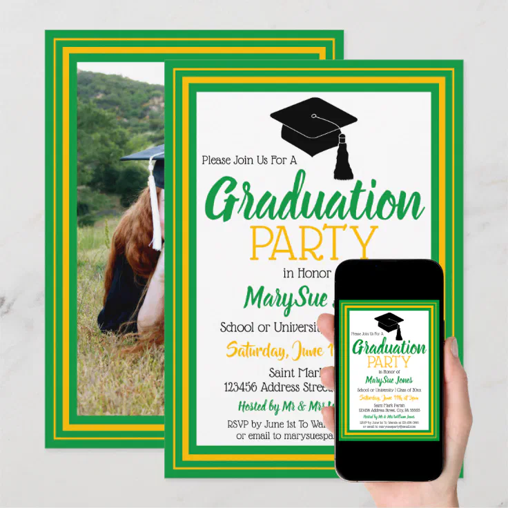 Green and Gold Photo Graduation Party Invitation | Zazzle