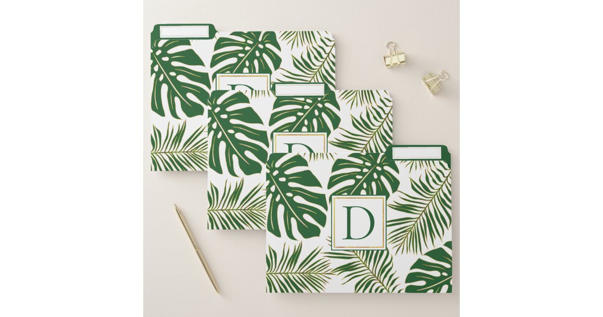 Green and gold tropical leaves and monogram file folder | Zazzle
