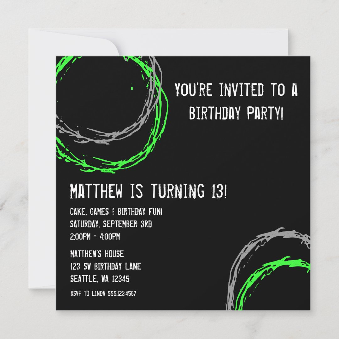 Green and Gray Grunge Circles Boy Birthday Party Invitation | Zazzle