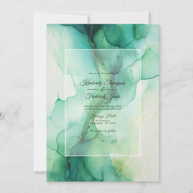 Green and Ivory Alcohol Ink Wedding Invitation | Zazzle