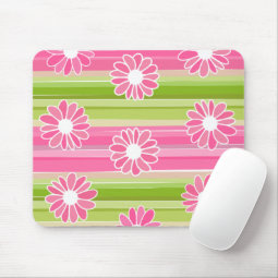 Green and pink flowers with stripes mouse pad | Zazzle