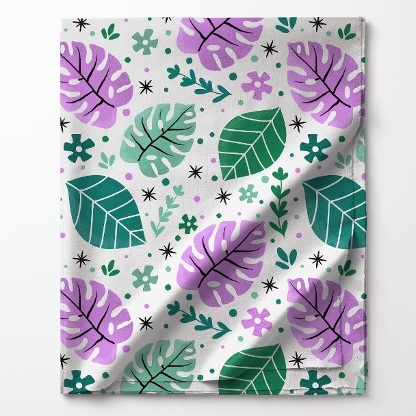 Purple and Green Tropical Monstera Leaf Pattern Fabric | Zazzle